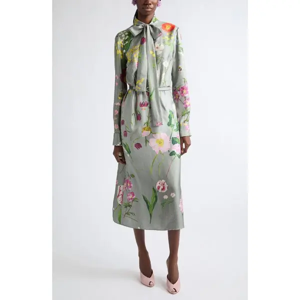 Oscar De La Renta Floral Print Long Sleeve Silk Midi Dress - Grey Multi