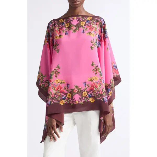 Etro Floral Silk Poncho - Pink Multi