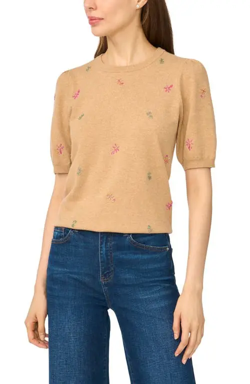 CECE DUPRAZ Beaded Short Sleeve Crewneck Sweater - Latte Heather