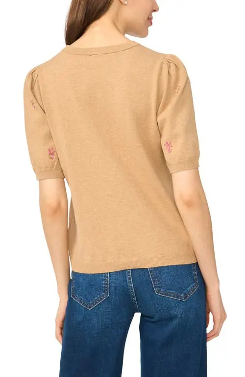 CECE DUPRAZ Beaded Short Sleeve Crewneck Sweater - Latte Heather