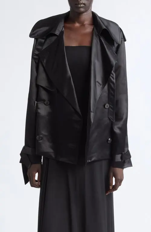 GRACE LING Claw Crop Liquid Satin Trench Coat - Black