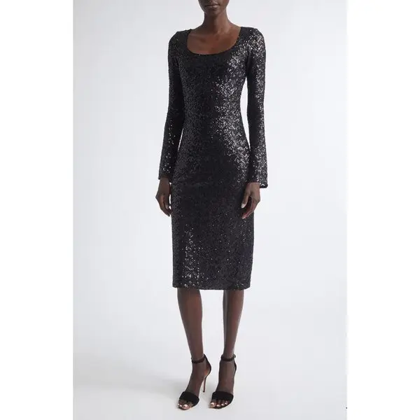 St. John Long Sleeve Sequin Tulle Sheath Dress - Black