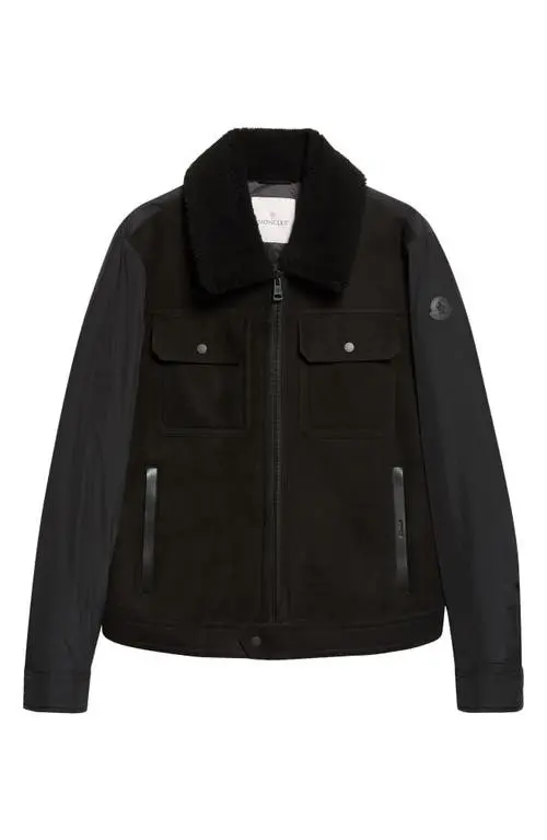 Moncler Zerique Mixed Media Down Jacket With Suede And Fleece