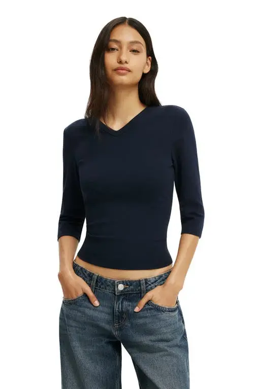 COTTON ON 90s V-neck 3/4 Sleeve Top - Total Eclipse