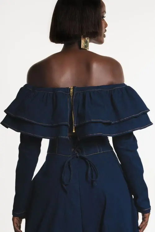 OFUURE Denim Dija Ruffle Crop Top