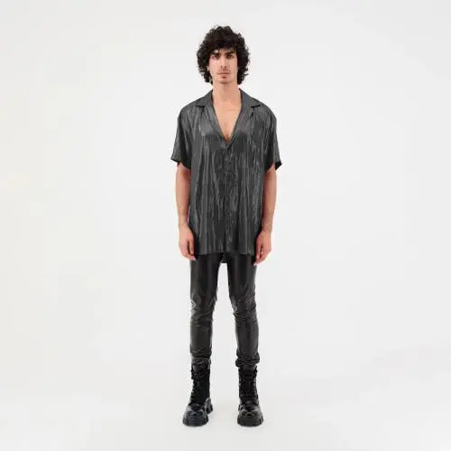 UCHÈ Satin Button Up Short Sleeve Shirt