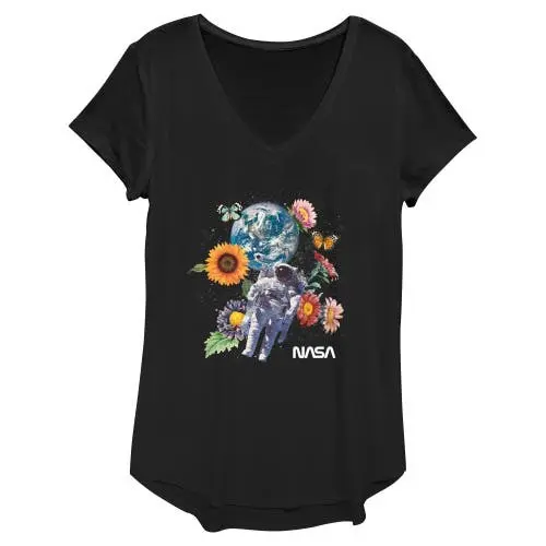 NASA Floral Astronaut Graphic V-neck T-shirt