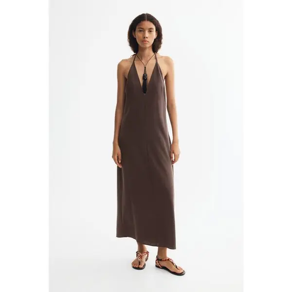 H&m Crêpe Halterneck Dress - Dark Brown