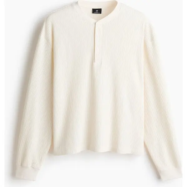 H&m Regular-fit Waffled Henley Shirt - Cream