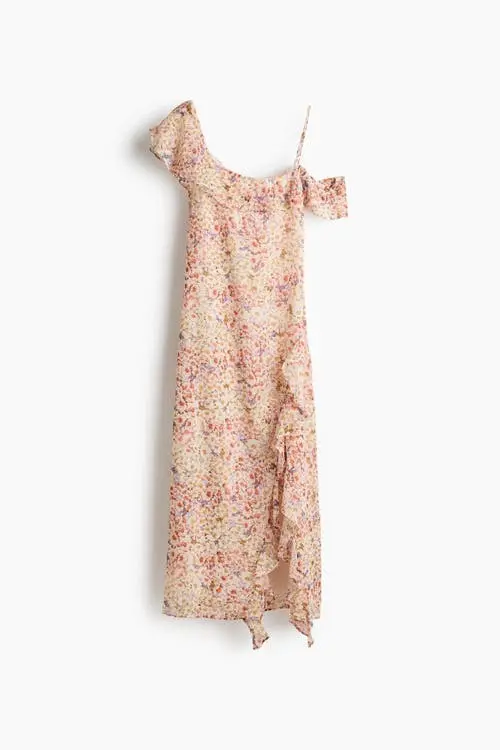 H&M Asymmetric Floral Chiffon Midi Dress - Light Beige/floral