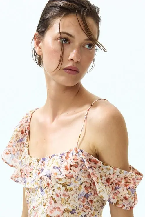 H&M Asymmetric Floral Chiffon Midi Dress - Light Beige/floral