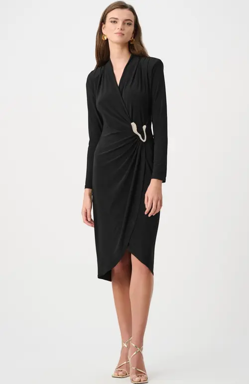 Joseph Ribkoff Silky Knit Sheath Wrap Dress With Rhinestone Embellishment - Black