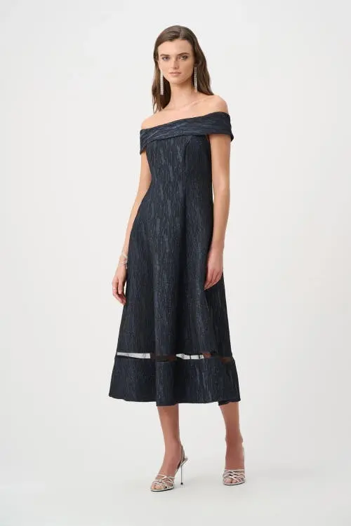 Joseph Ribkoff Foil-textured Jacquard Off-shoulder Fit And Flare Dress - Navy