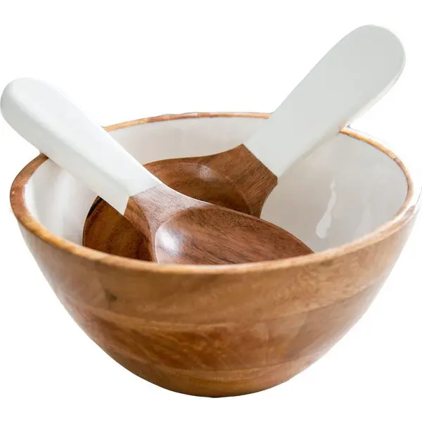 JEANNE FITZ Wood + White Collection Medium Salad Bowl & Servers Set
