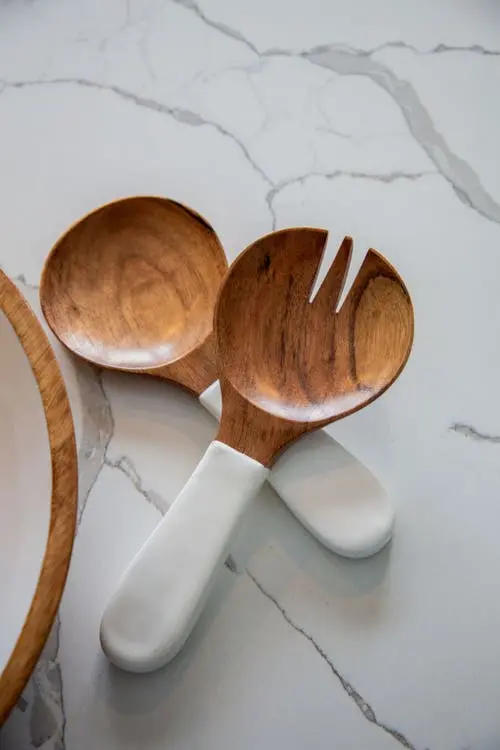 JEANNE FITZ Wood + White Collection Medium Salad Bowl & Servers Set