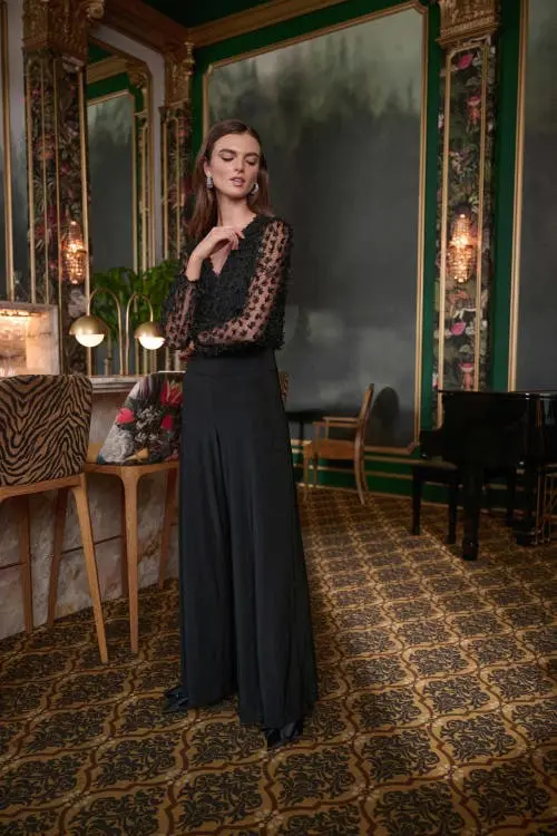 Joseph Ribkoff Silky Knit And Sheer Novelty Wide Leg Jumpsuit