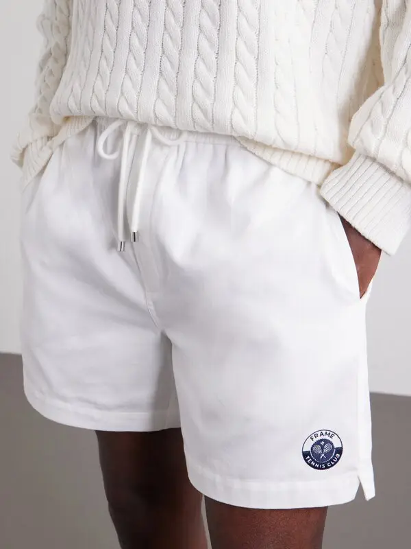 FRAME Straight-leg Logo-embroidered Cotton Twill Drawstring Shorts
