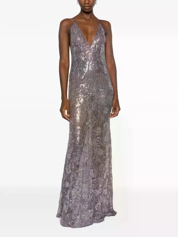 THE NEW ARRIVALS ILKYAZ OZEL Sequin-embellished V-neck Maxi Dress - Purple