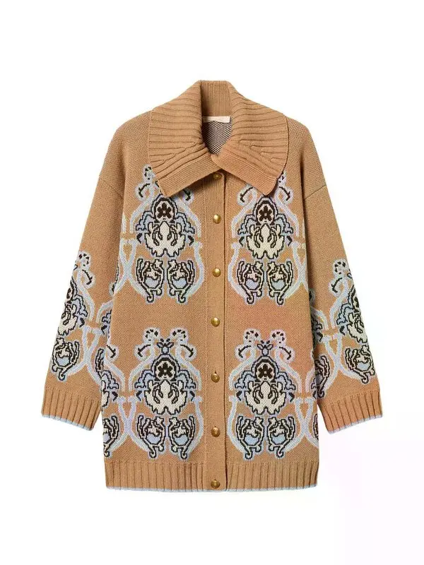 TWINSET Jacquard Wool Blend Knitted Cardigan - Neutrals