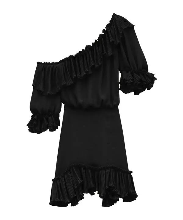 Saint Laurent Ruffled Dress In Silk Crepon Muslin - Black