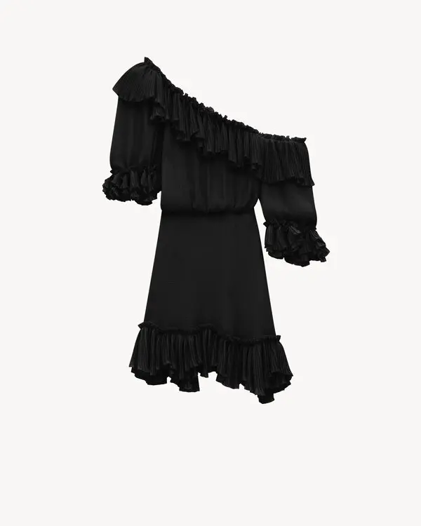 Saint Laurent Ruffled Silk Crepon Muslin Dress - Black