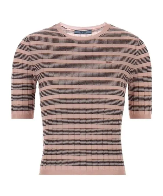 Prada Short-sleeved Striped Cashmere And Silk Sweater - Pink/blue