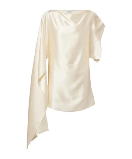 Magda Butrym Asymmetrical Draped Sleeve Silk Satin Top - White