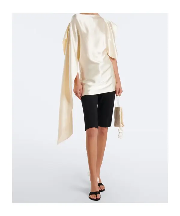 Magda Butrym Asymmetrical Draped Sleeve Silk Satin Top