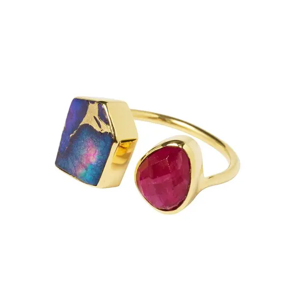 YAA YAA LONDON Colour Fusion Adjustable Ring Copper Turquoise / Ruby Sillimanite