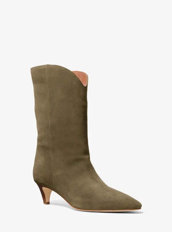 Michael Kors Daniela Suede Pointed Toe Kitten Heel Boots - Green