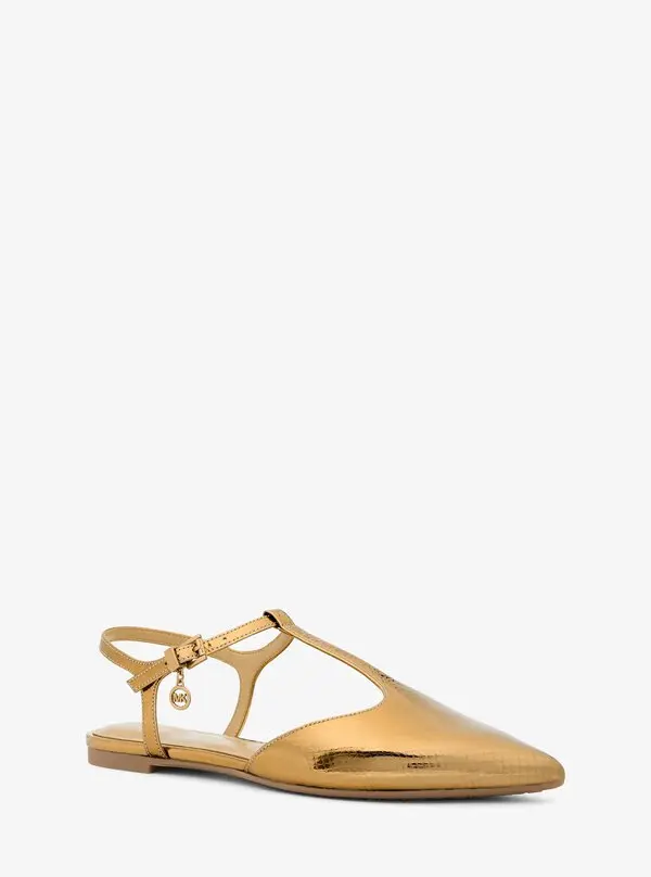 Michael Kors Cherie Snake Embossed Metallic Leather T-strap Flat - Gold