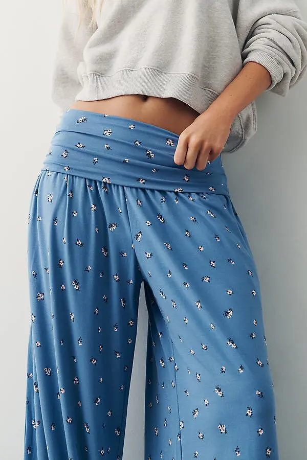 LYREBIRD Foldover Wide-leg Pants Modaluxe - Blue Floral