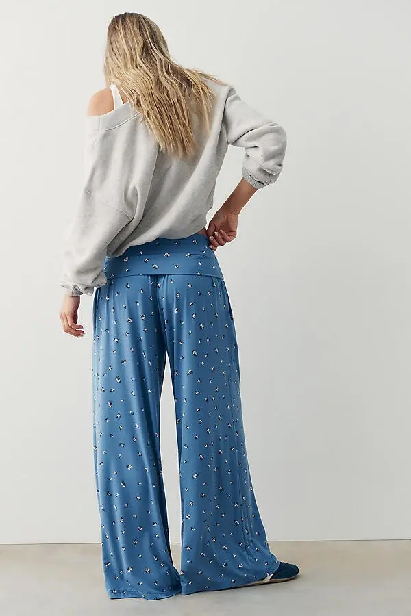 LYREBIRD Foldover Wide-leg Pants Modaluxe - Blue Floral