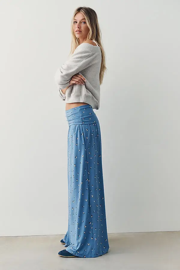 LYREBIRD Foldover Wide-leg Pants Modaluxe - Blue Floral