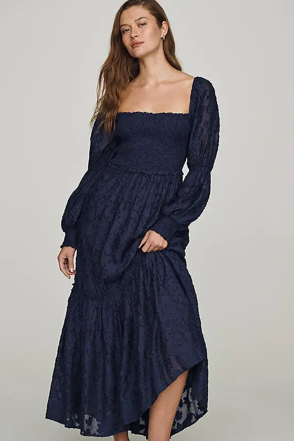Anthropologie Tiered Puff Sleeve Midi Dress - Navy
