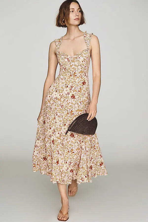 Anthropologie Sweetheart Neckline Ruffled Straps Midi Dress