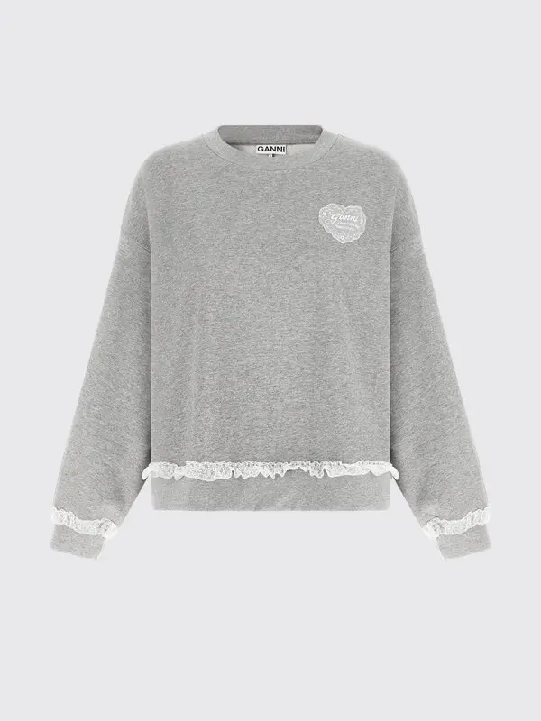 GANNI Crewneck Jumper With Embroidered Lace Inserts - Grey