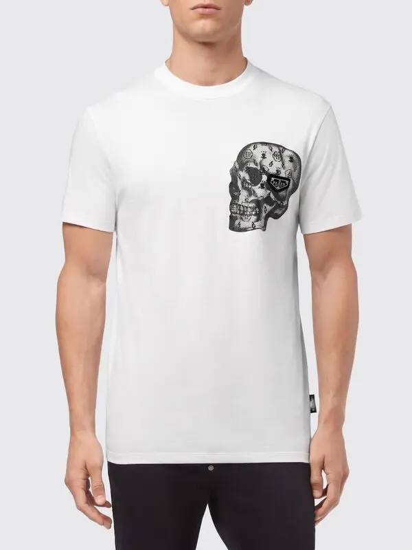 Philipp Plein Slim Fit Cotton T-shirt With Monogram Skull Embroidery And Hexagon Logo - White
