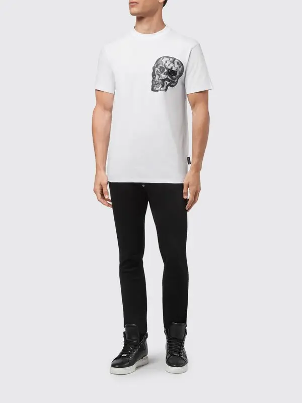 Philipp Plein Slim Fit Cotton T-shirt With Monogram Skull Embroidery And Hexagon Logo - White