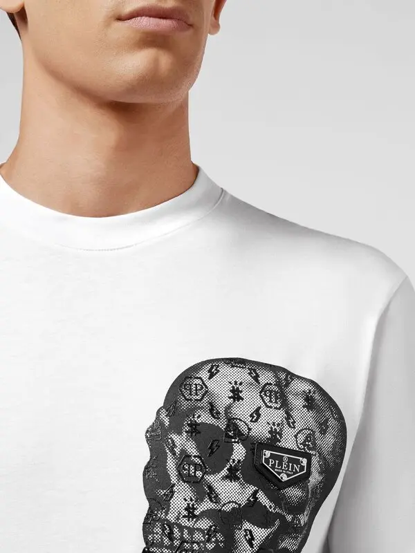 Philipp Plein Slim Fit Cotton T-shirt With Monogram Skull Embroidery And Hexagon Logo - White