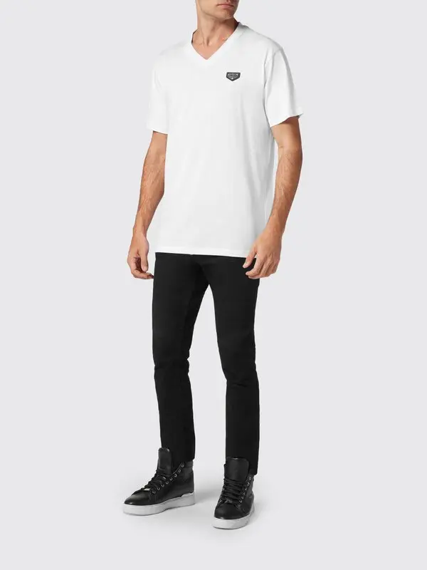 Philipp Plein V-neck Short-sleeved Cotton T-shirt With Contrast Logo