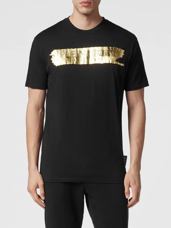 PLEIN SPORT Cotton Crew Neck T-shirt With Contrast Laminated Logo - Black
