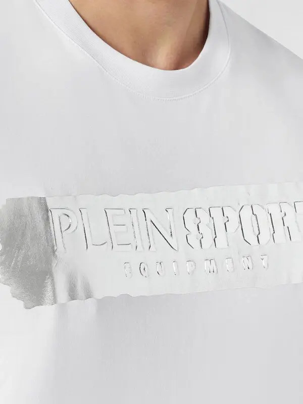 PLEIN SPORT Cotton Crew Neck T-shirt With Contrast Laminated Logo - White
