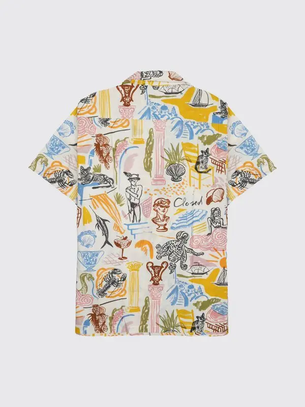 Closed Graphic Print Short-sleeved Cotton Bowling Shirt With Cuban Collar