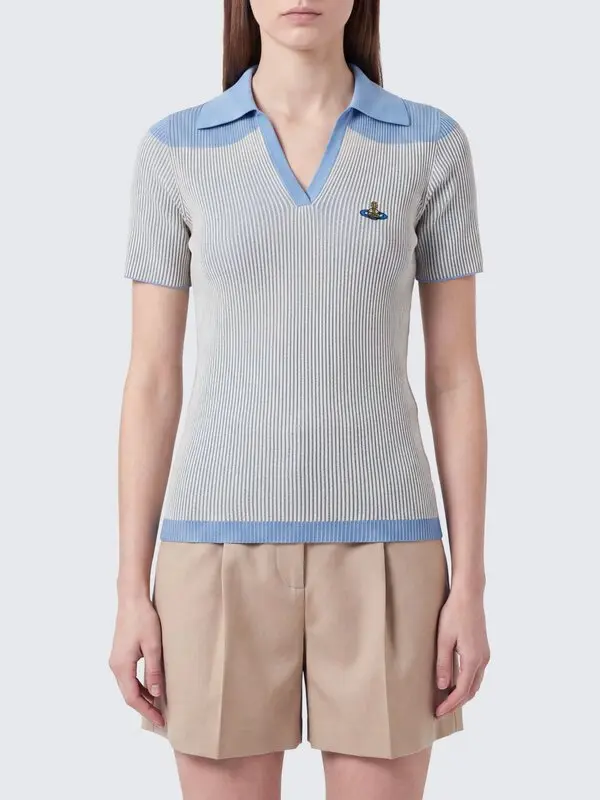 VIVIENNE WESTWOOD Slim Fit Striped Ribbed-knit Polo With V-neck And Orb Logo