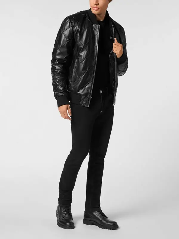 Philipp Plein Quilted Leather Bomber Jacket With Zip Closure And Applied Logo - Black 1