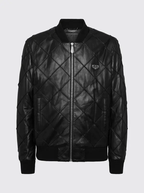 Philipp Plein Quilted Leather Bomber Jacket With Zip Closure And Applied Logo - Black 1