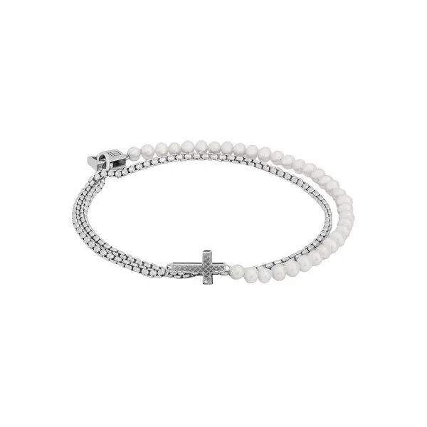 Tateossian Sterling Silver And White Freshwater Pearl Double Wrap Bracelet - Silver/white