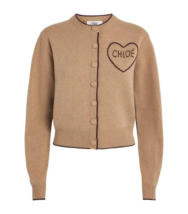 Chloé Wool-cashmere Heart Logo Cardigan - Brown