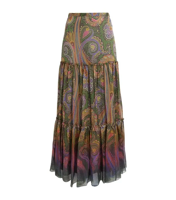 Etro Silk Paisley Tiered Maxi Skirt - Green